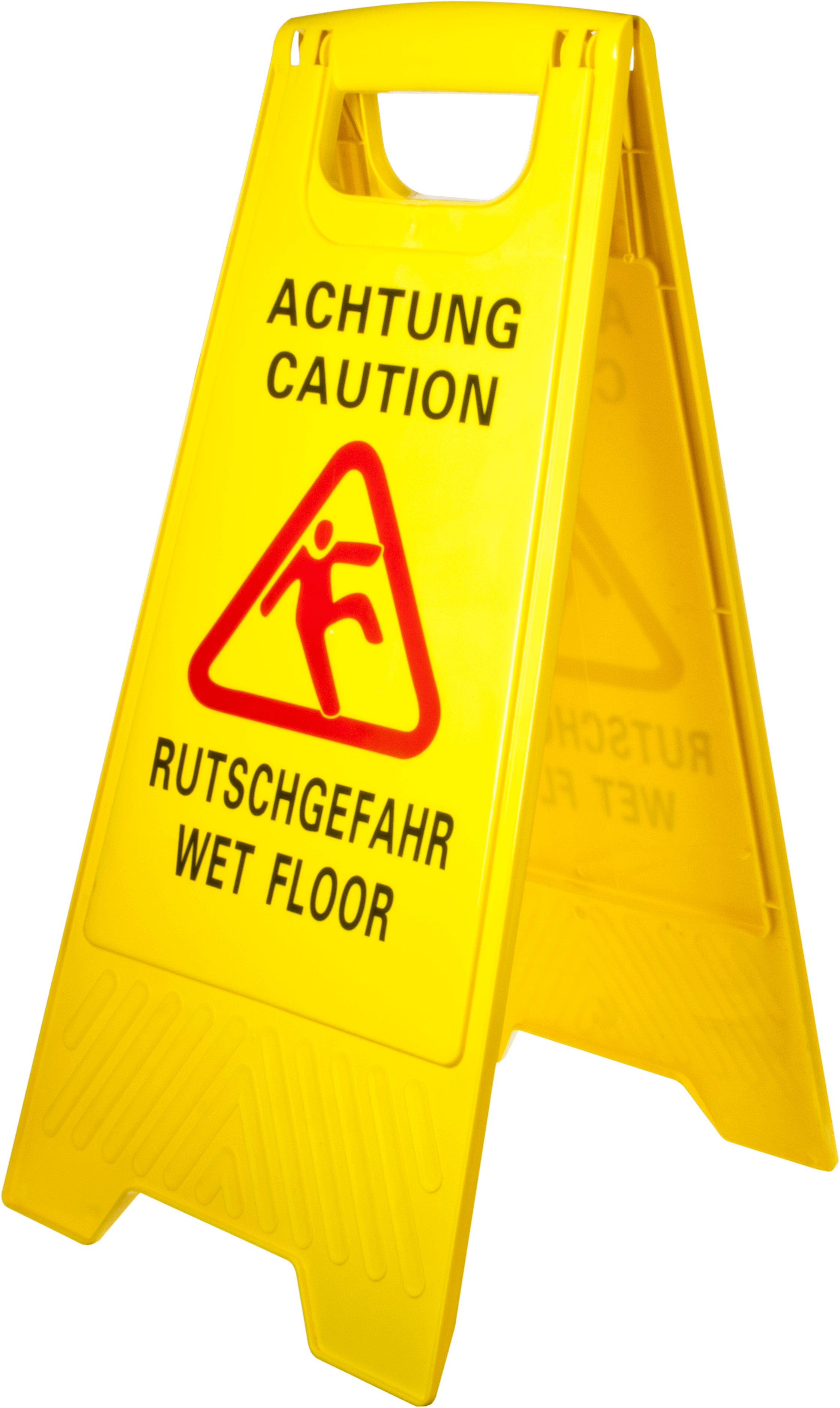Warning label for wet floors (GER, EN)